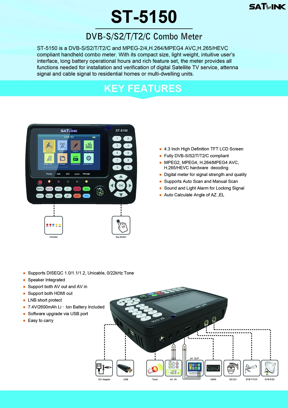 SATLINK ST-5150 ST-5155 4.3" LCD HD Digital Satfinder DVB-T2 DVB-S2 DVB ...