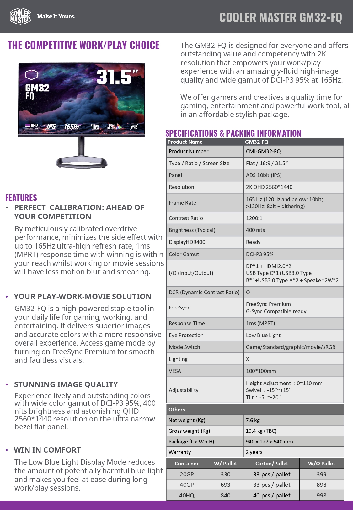 COOLER MASTER GM32-FQ 31.5" GAMING MONITOR31.5" IPS WQHD / 1MS / 165HZ ...