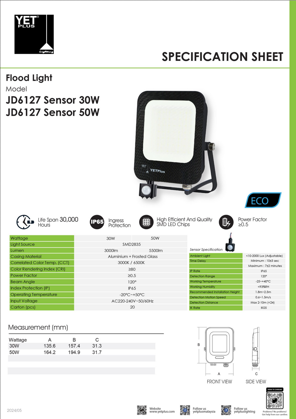 YET PLUS JD6125 / JD6127 WATERPROOF LED WITH SENSOR SPOTLIGHT / FLOOD LIGHT 10W/30W/50W ...