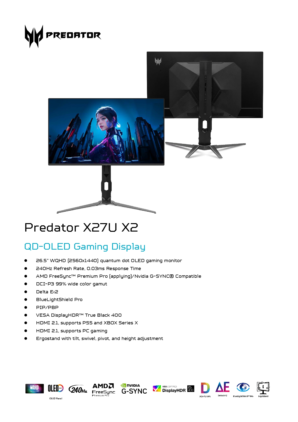 ACER PREDATOR X27U X2 (240HZ) / X27U F5 (500HZ) OLED GAMING MONITOR ...