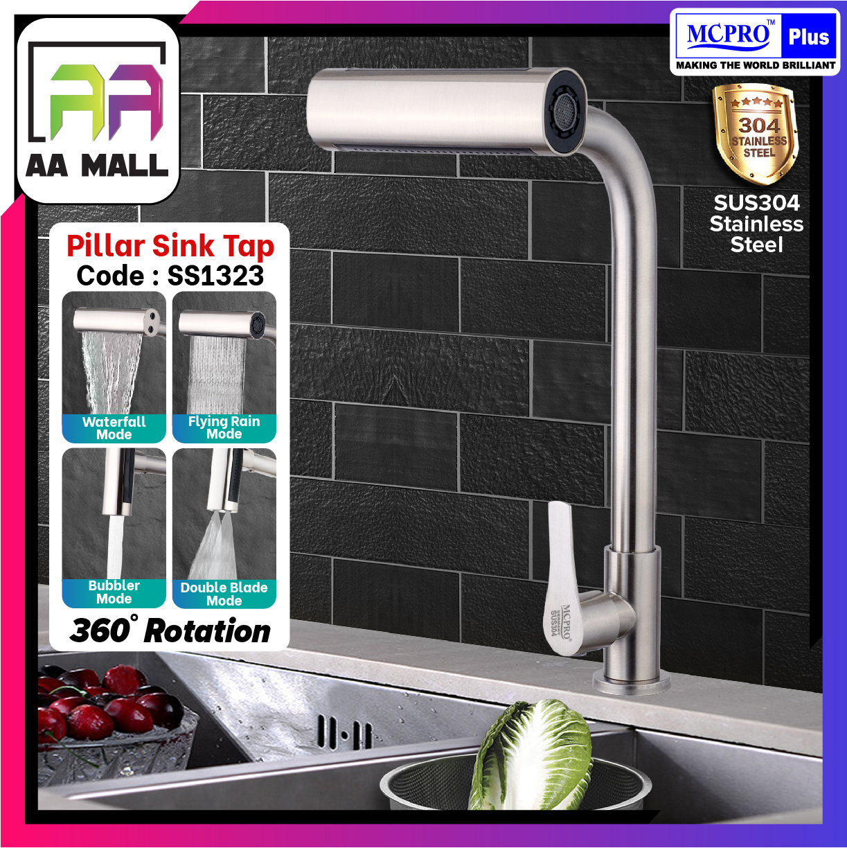 MCPRO SUS304 Stainless Steel Kitchen Faucet SINK WATER TAP With 4 Mode ...