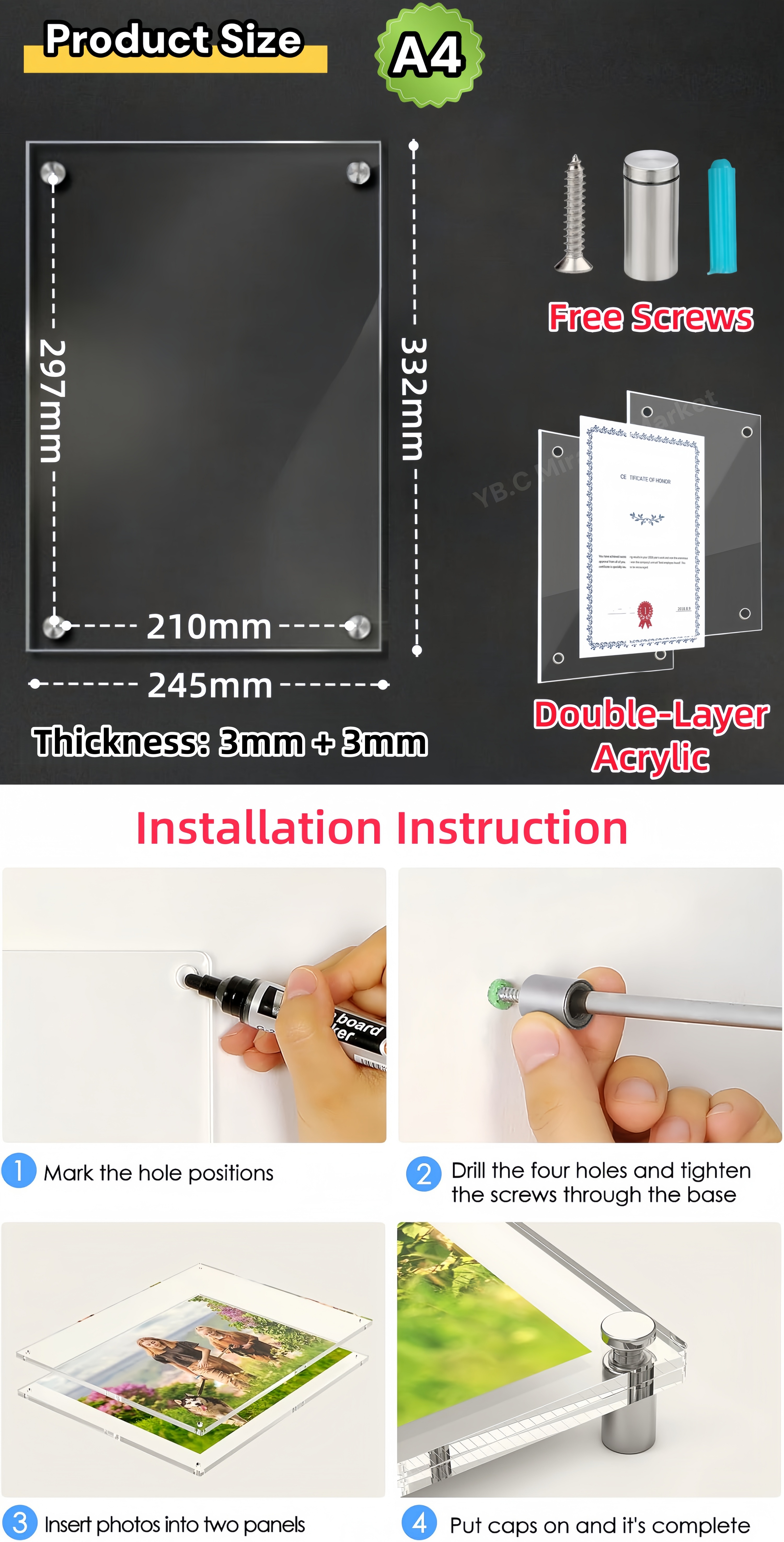 Acrylic Poster Frame Board A4 Thick Akrilik Sandwich Clear Wall Frame ...