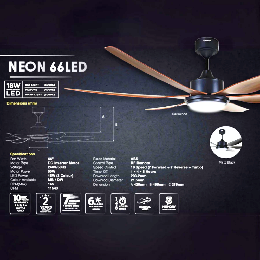 DEKA+ NEON 66 LED SERIES 66 INCH 6 BLADES DC MOTOR CEILING FAN WITH ...