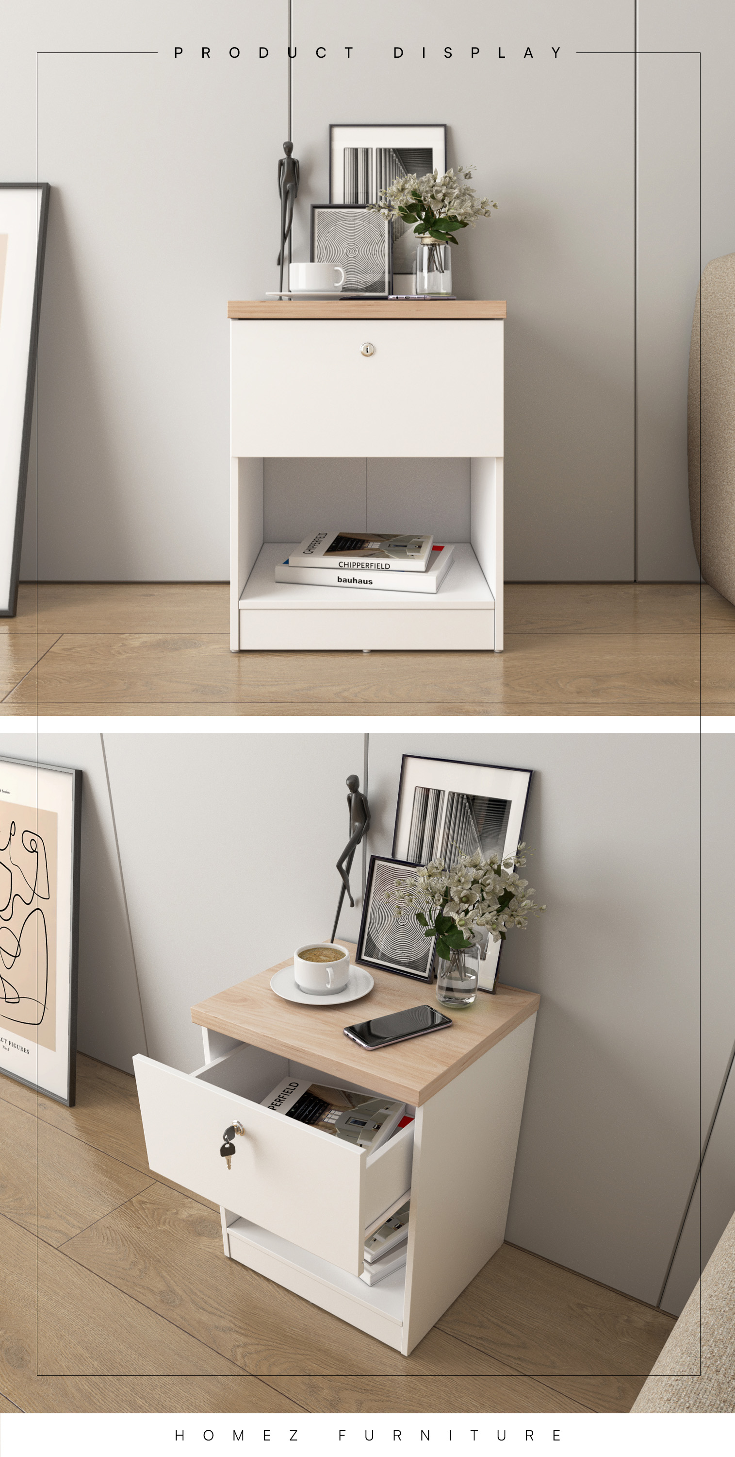 KitchenZ Alona Series Side Table Full Melamine with Lockable Drawer and ...