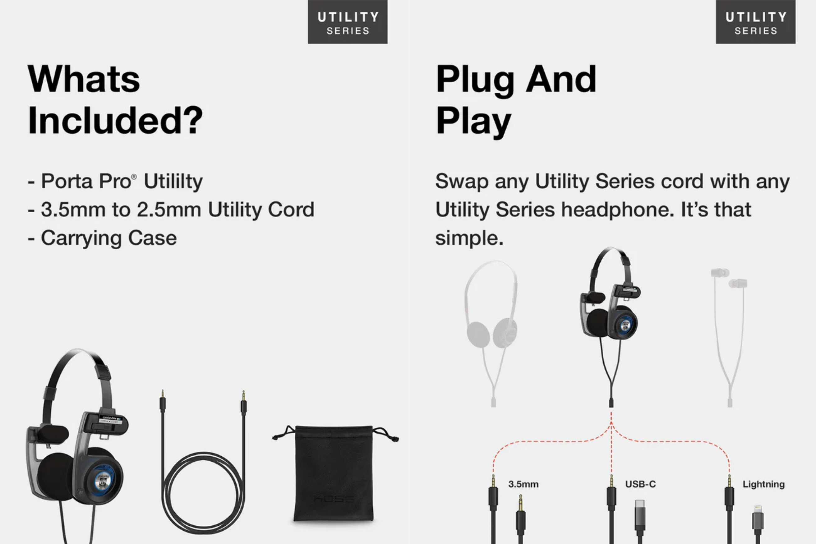 Koss Porta Pro Utility – Foldable On-Ear Headphones (3.5mm / USB-C ...