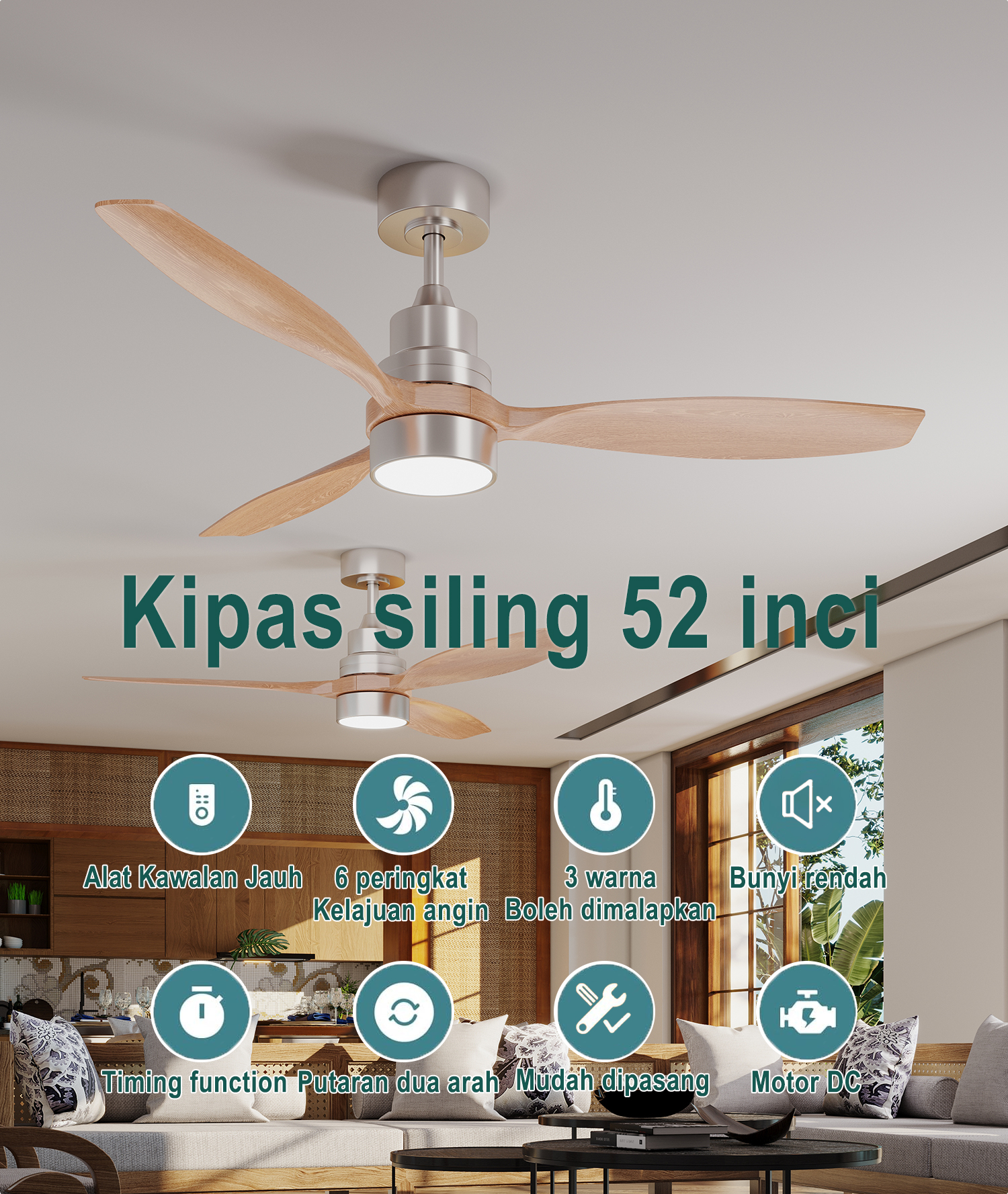 Kipas siling 52 inci, lampu kipas siling kayu pepejal, kipas siling ...