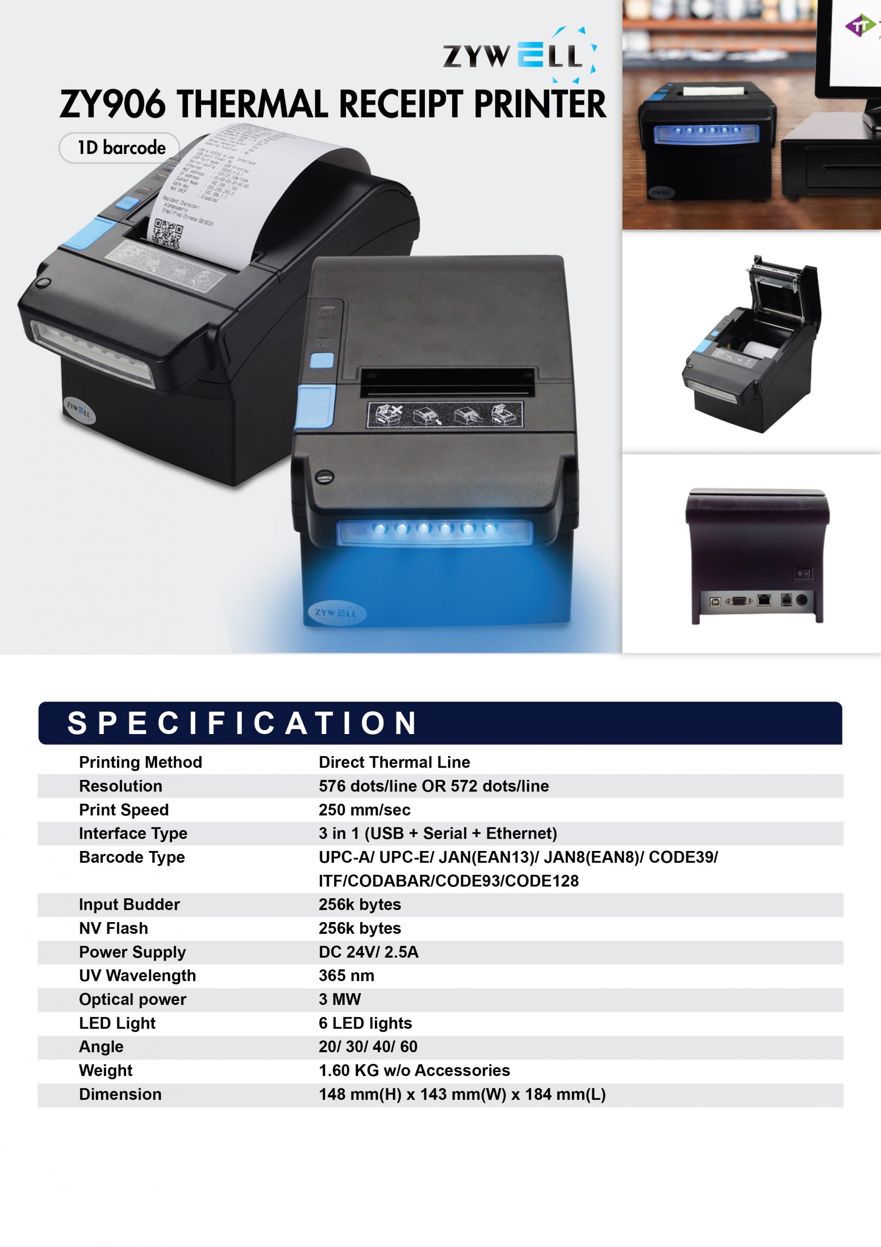 ZYWELL ZY906 Thermal Receipt Pos Printer with Money Delector USB ...