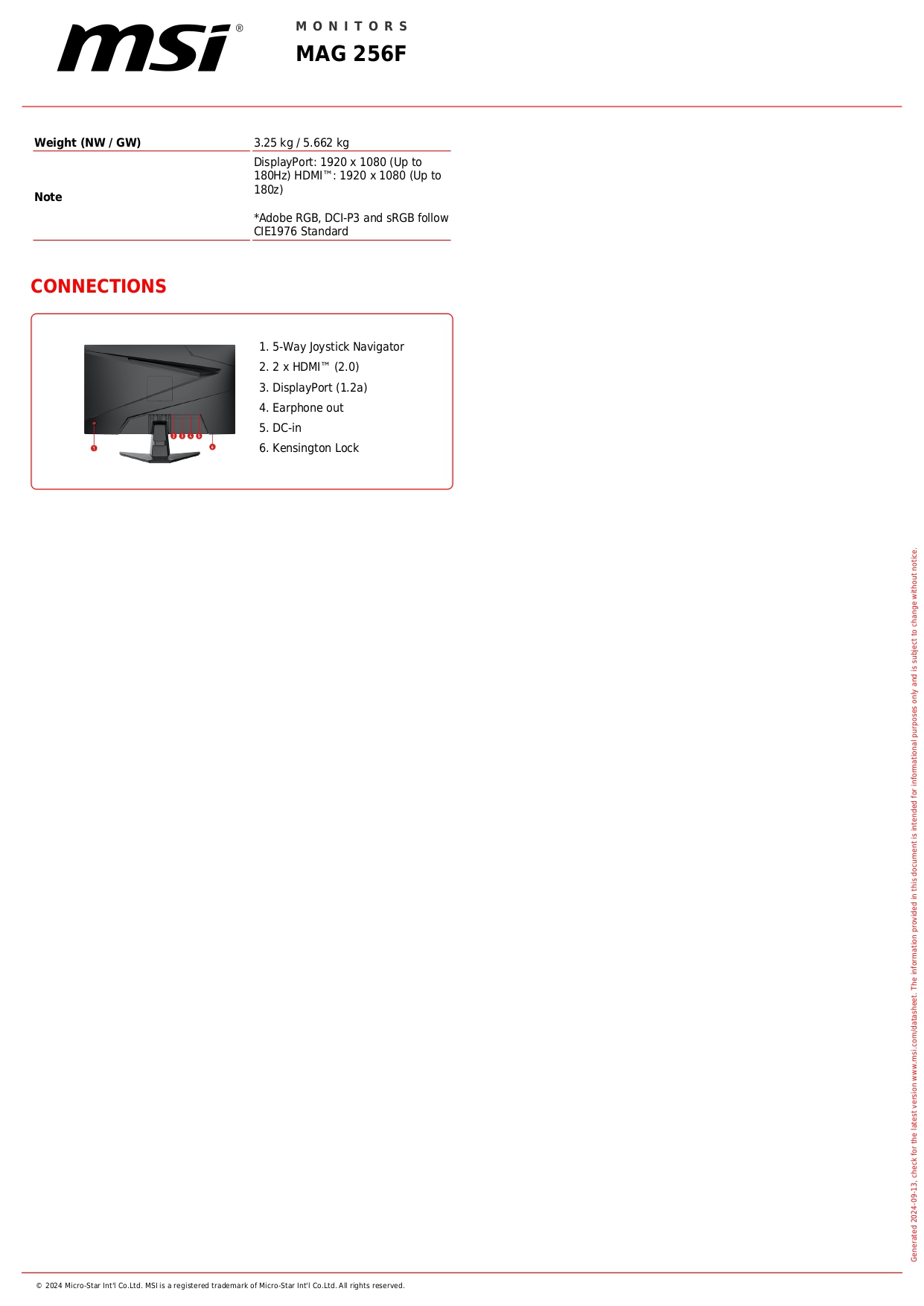 MSI MAG 256F 24.5" GAMING MONITOR ( 24.5" RAPID IPS FHD / 1MS / 180HZ ...