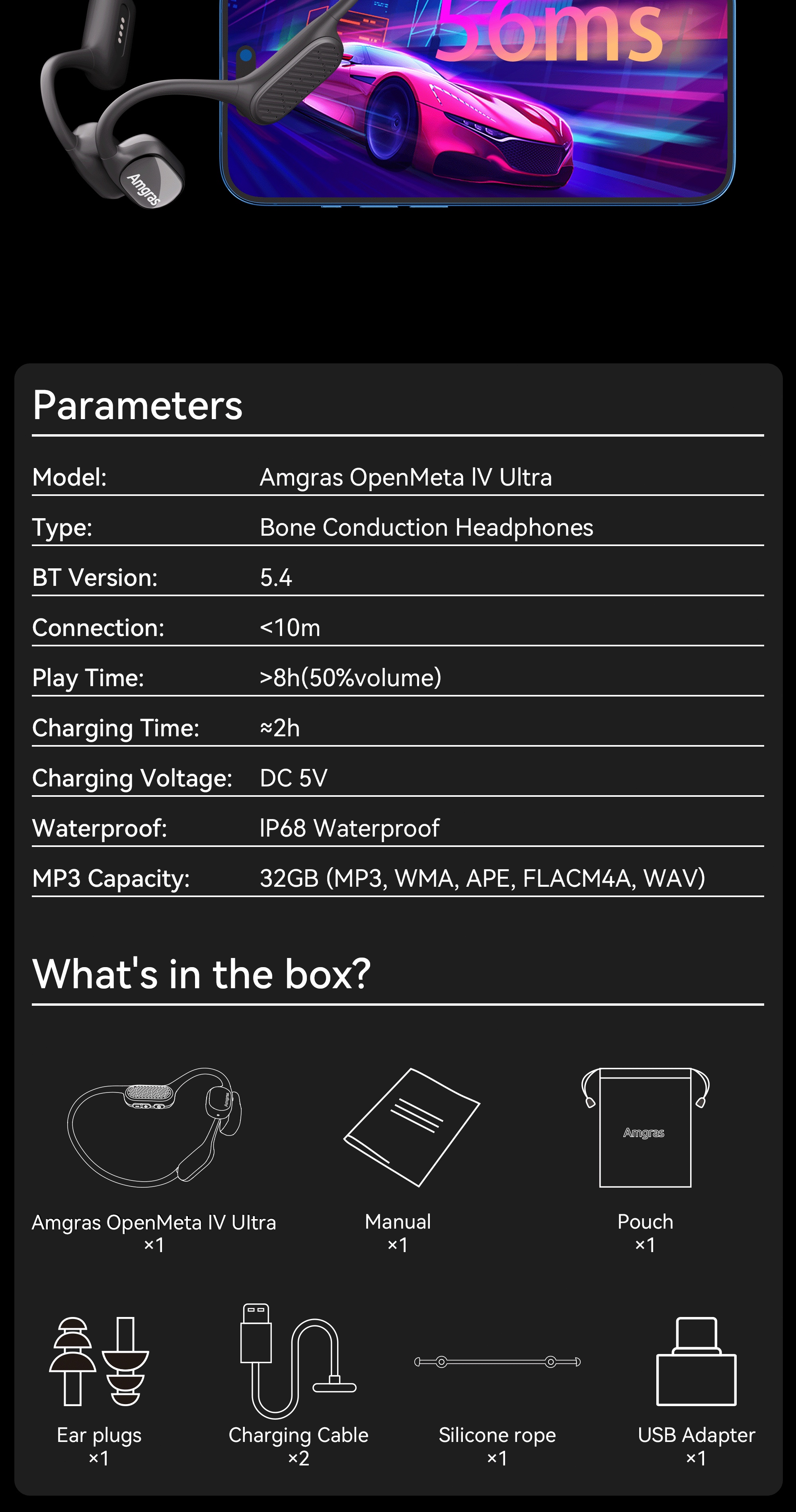Amgras OpenMeta IV Ultra Swimming headphone IP68 Bone Conduction Sports ...