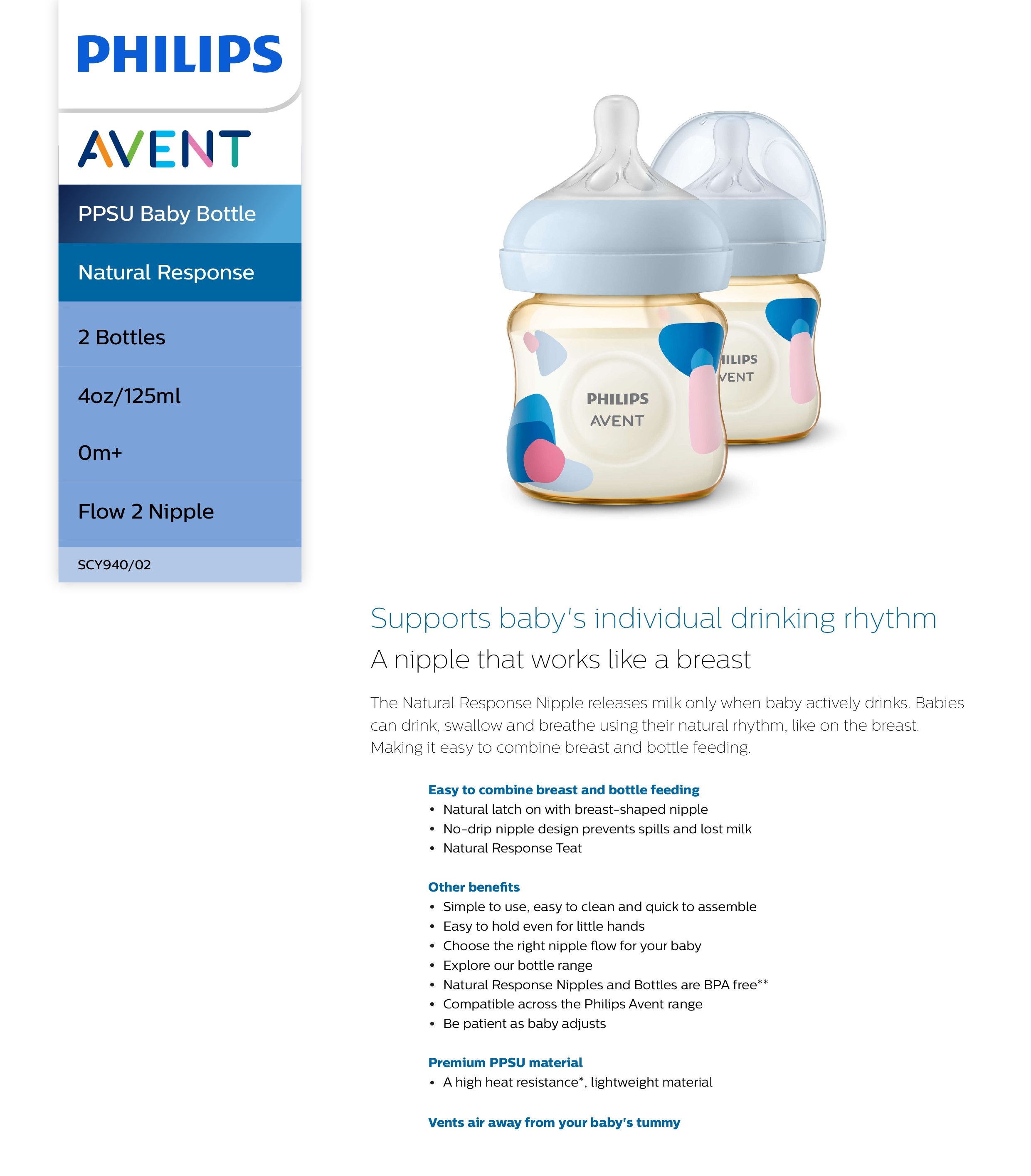 [New] Philips Avent Natural Response PPSU Baby Bottle 0 - 3m Flow 2 (4oz/120ml x 2 bottles ...