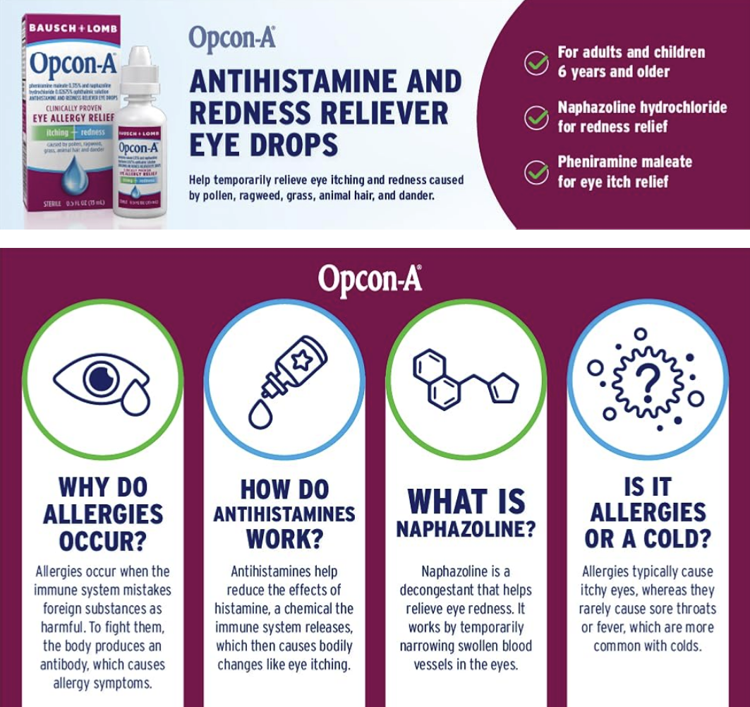 Bausch + Lomb Opcon-A Allergy Eye Drops, for Itch and Redness Relief ...