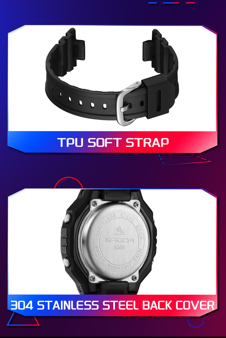 Sanda 6200 Large Dial Multifunctional Trendy Urban Outdoor Waterproof ...
