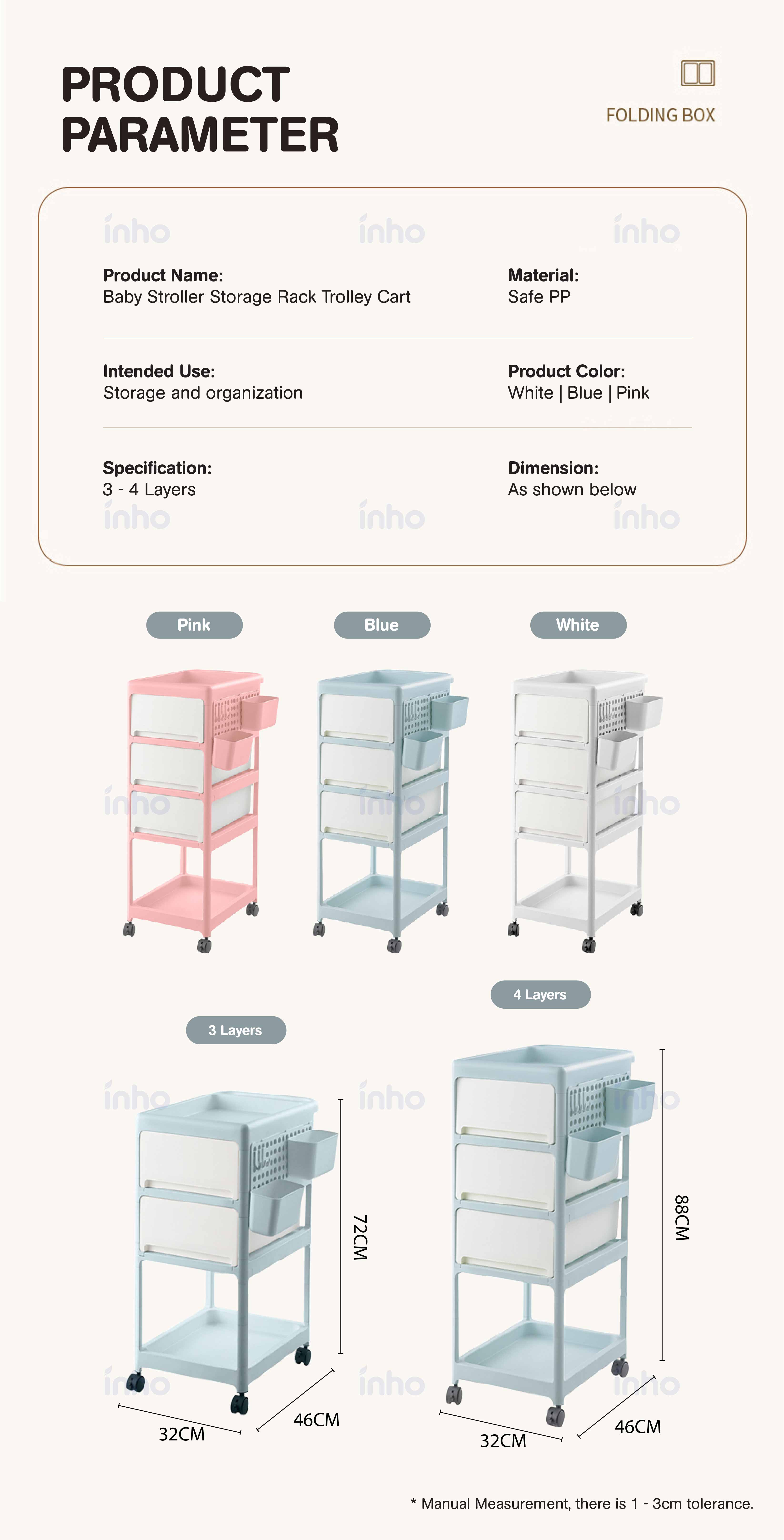 INHO L32cm (3/4 Layers) Multipurpose Storage Rack Baby Storage Trolley ...