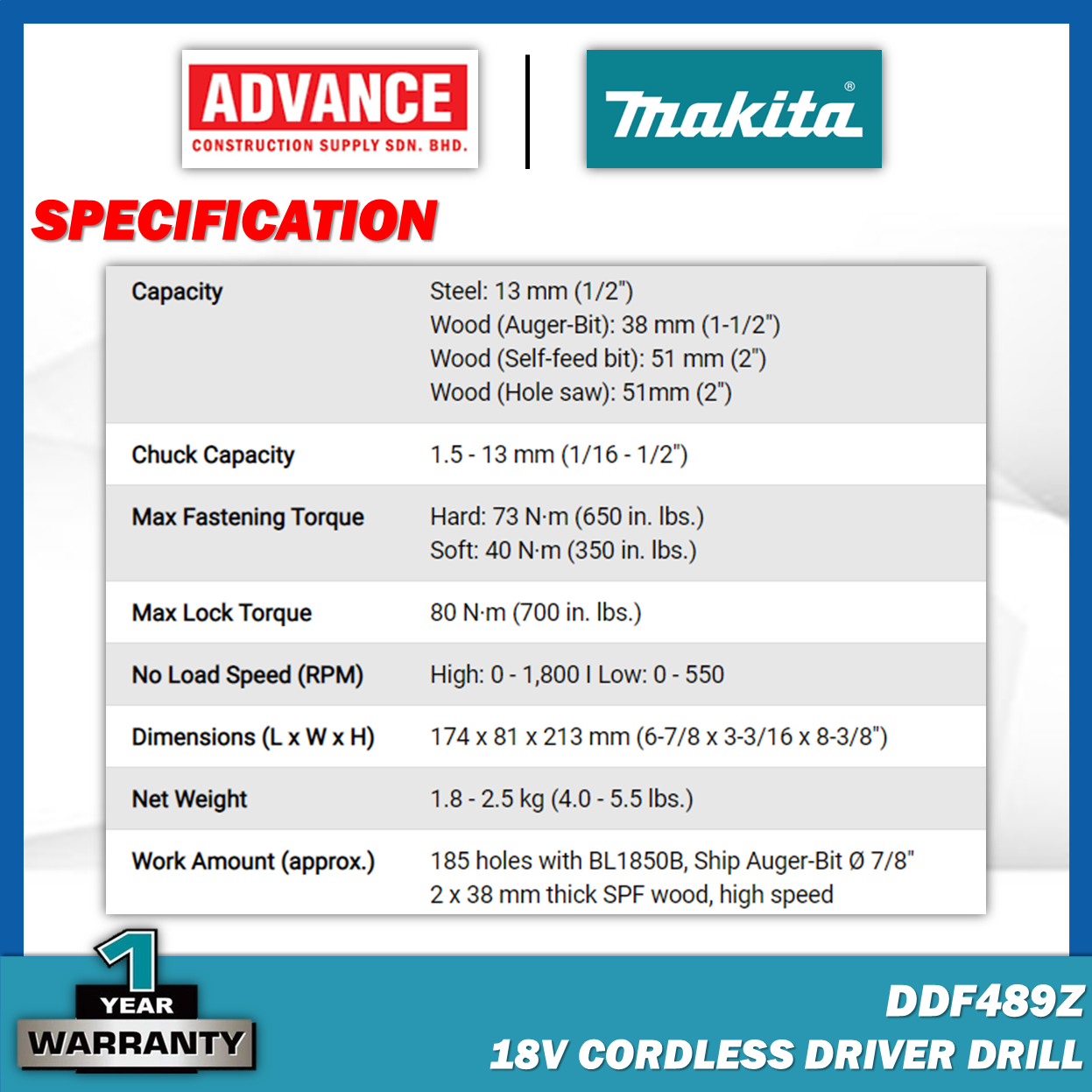 MAKITA DDF489Z / DDF489RTJ 18V Cordless Driver Drill 13MM (1/2") | Shopee Malaysia