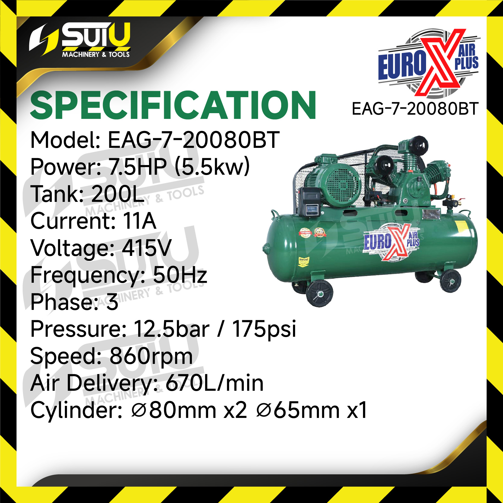 EUROX AIR PLUS EAG-7-20080BT / EAG720080BT 200L 7.5HP Air Compressor / Kompressor 5.5kW | Shopee ...