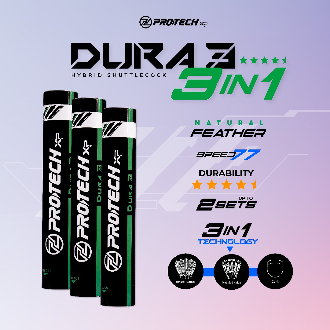 PROTECH 3 IN 1 HYBRID SHUTTLECOCK - DURA 3 (CAN LAST UP TO 2 SETS OF GAMES)(SPEED 77)(FEELLING ...