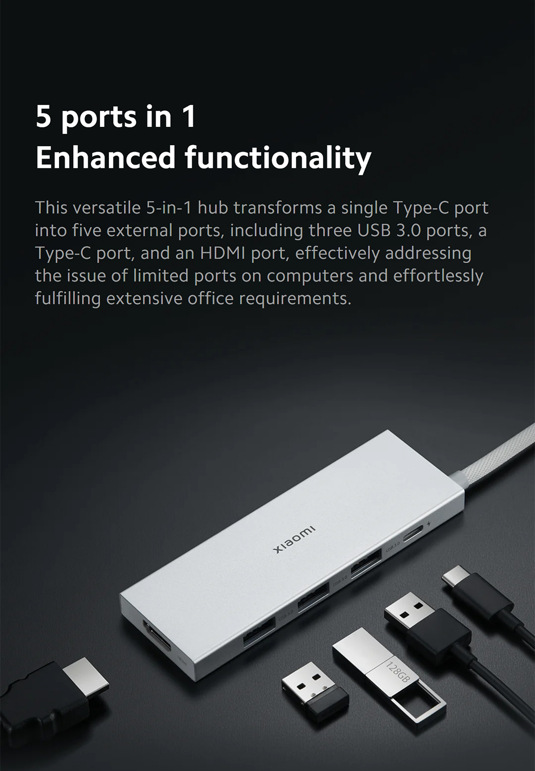Xiaomi 5-in-1 Type-C Hub | USB 3.0+Type-C+HDMI | USB A 3.0 Data ...