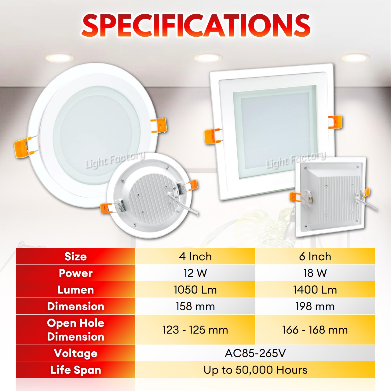 [3 YEARS WARRANTY] 3 Colour LED Glass Downlight 4" 12W | 6" 18W LED ...