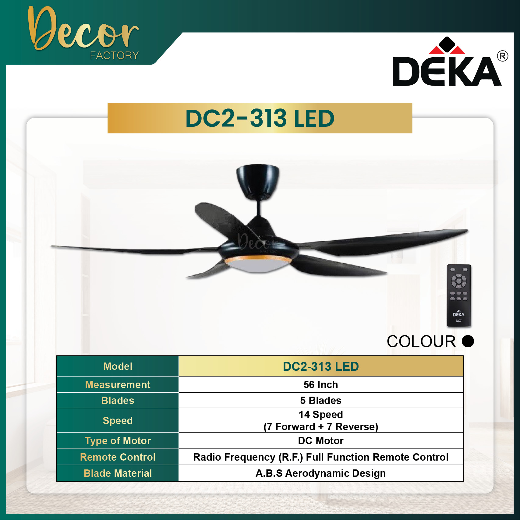 DEKA Fan DEKA DC2LED DC2-313 LED DEKA F5DC LED PRO 56" 5 Blades DC ...