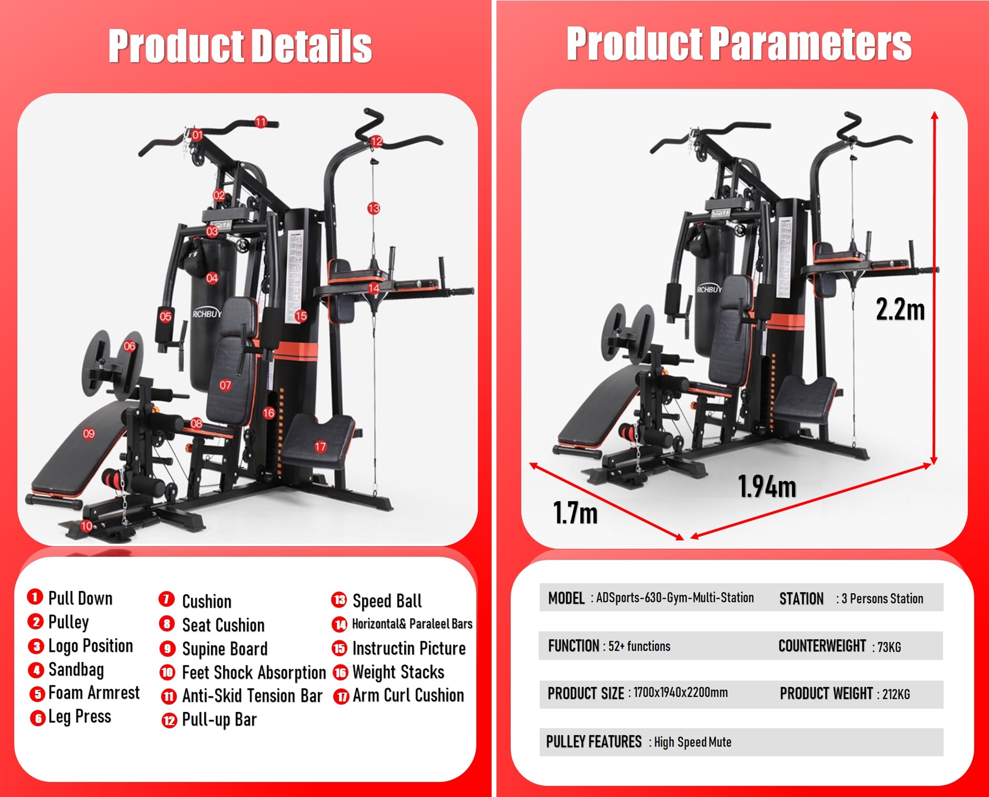 ADSPorts 806 ( 3 Station ) Gym MultiFunction Workout Station Boxing Bag, Pull Up Station, Power ...