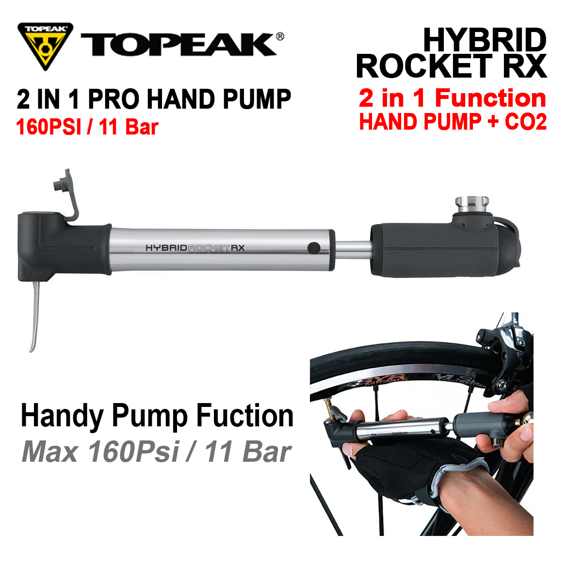 TOPEAK Hybrid Rocket RX 2 in 1 Handy Mini Pump + Co2 Inflator 160 PSI Free CO2 for Road Bike ...