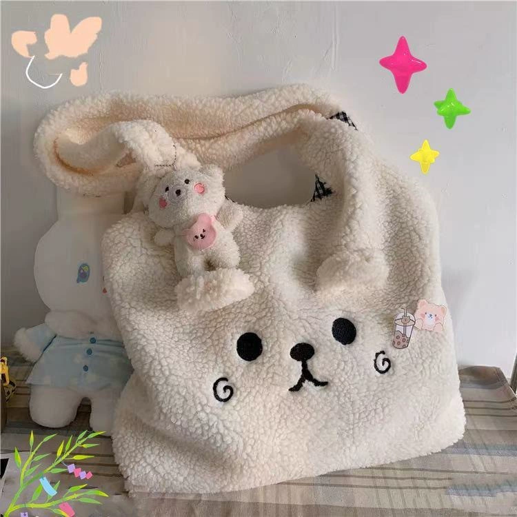 Korean Cute Big Bear Bag Lamb Plush Tote Female Students Large Capacity Shoulder Underarm Bag ...