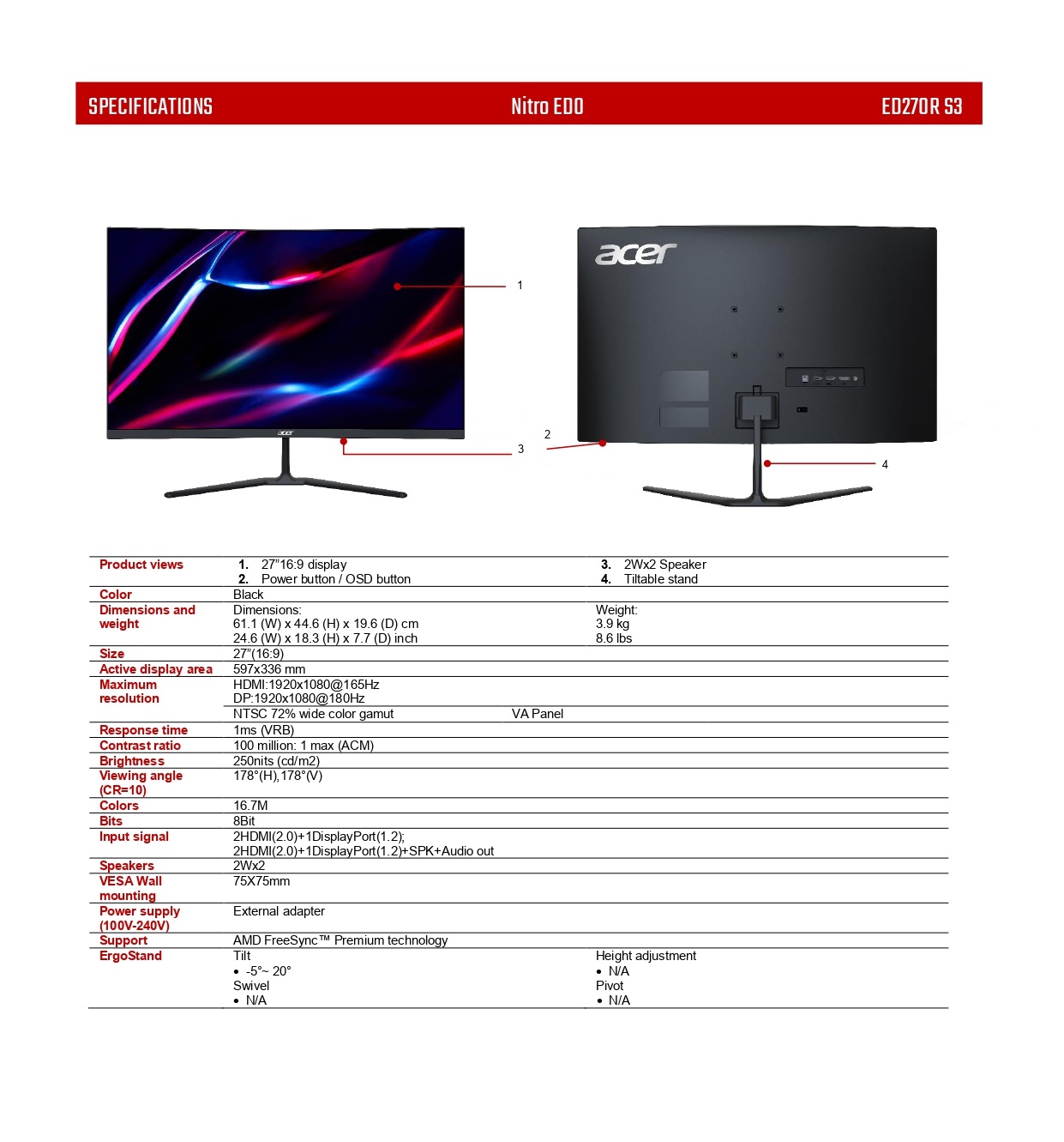 ACER 27" NITRO ED270RS3 / ED270R S3 FHD (1920x1080P@180HZ) LED CURVE VA ...