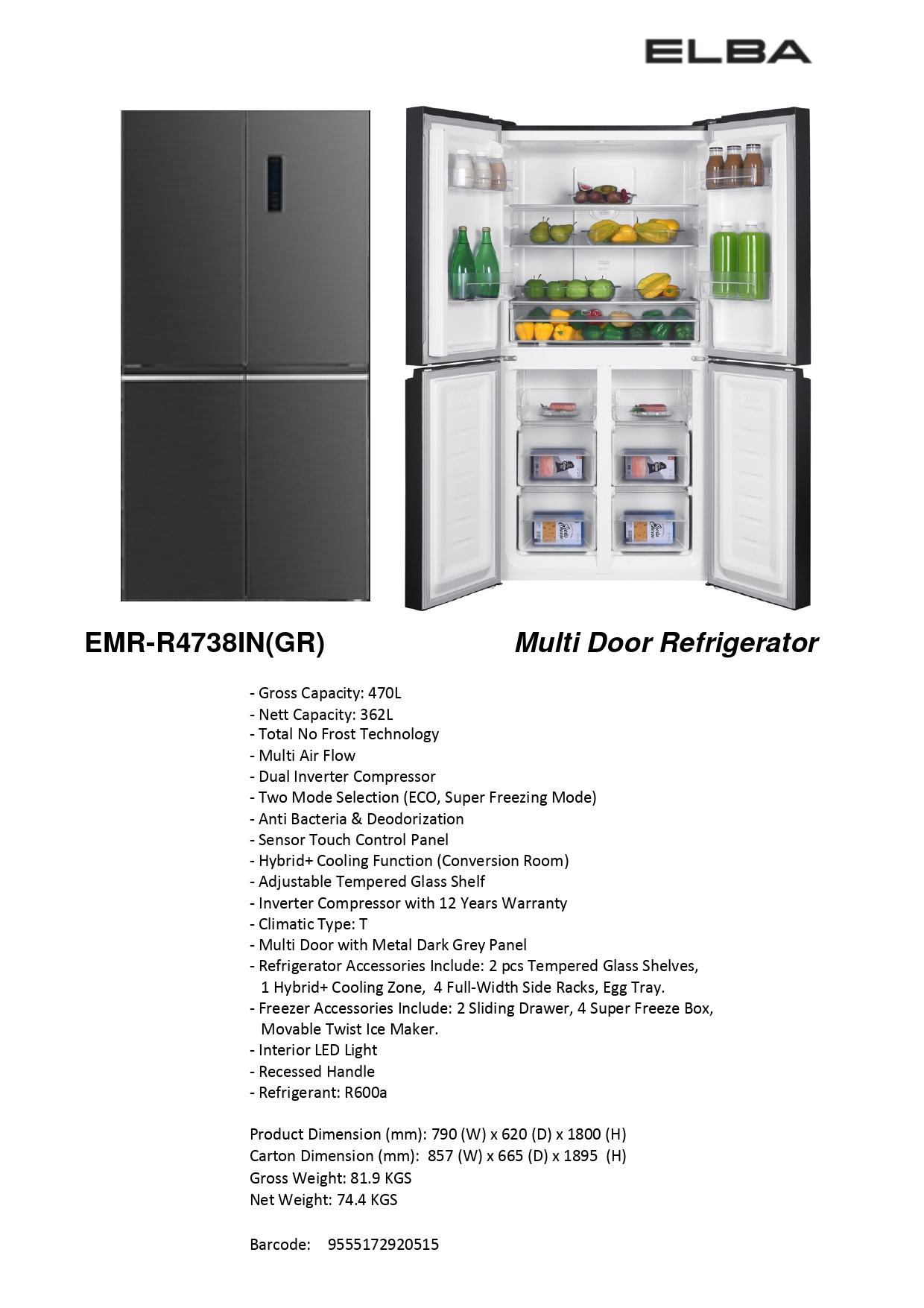ELBA 470L/530L Dual Inverter SBS/4 Door Fridge Peti Sejuk | Sensor Touch Control Panel | Shopee ...