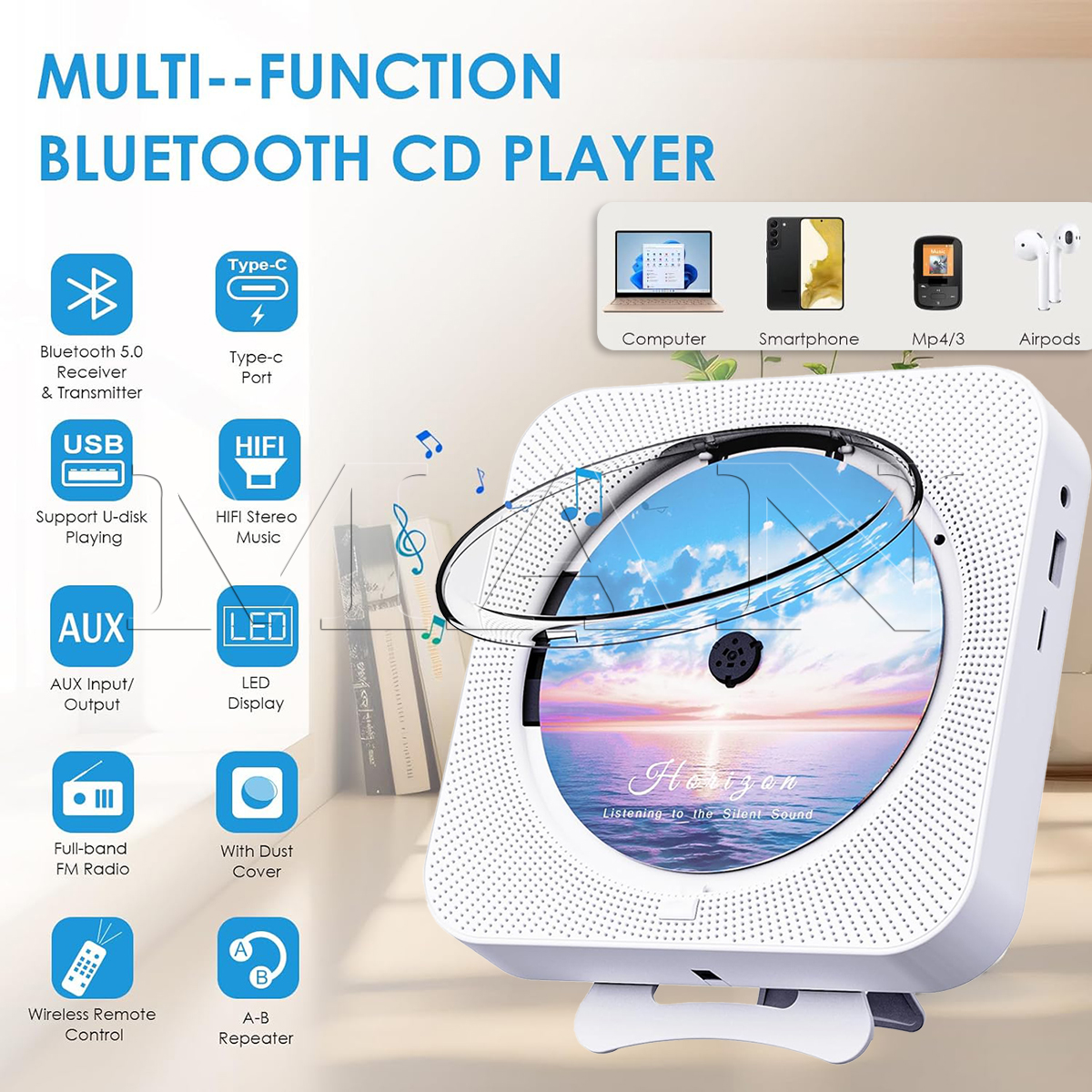 Portable CD Player Bluetooth Wall Mountable Music Player With IR Remote ...