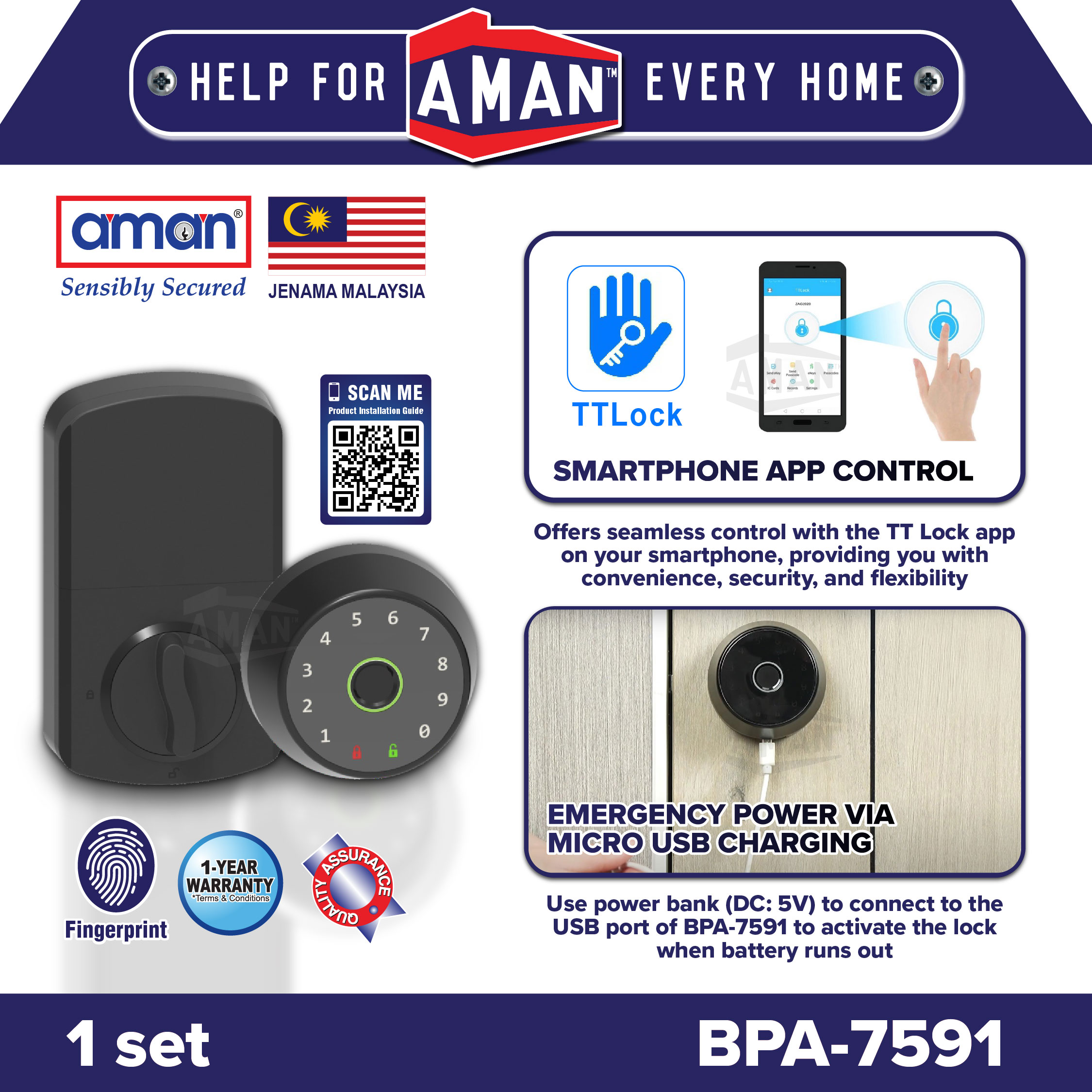 AMAN Biometric Lever Lock Set Fingerprint Smart Door Lock Set Thumprint ...