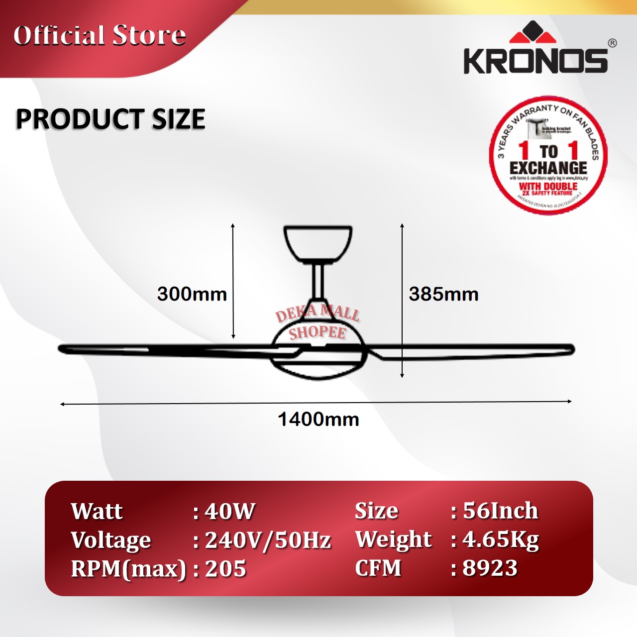 DEKA KRONOS K6DC 56" 40" 5 Blades DC Motor 24 Speed + Reverse with ...