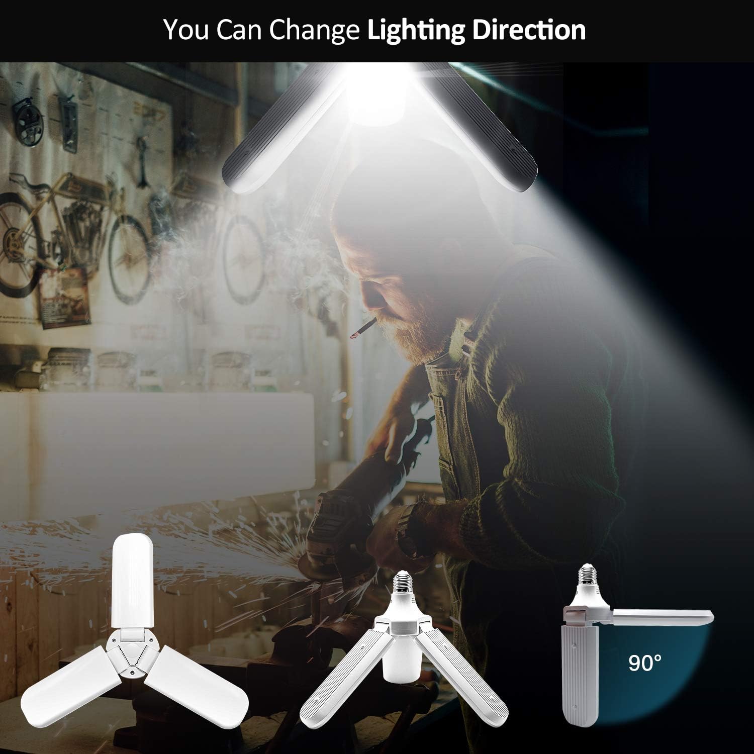 Three Leaf LED Light Foldable Deformable Garage Ceiling Light Bulb Top ...