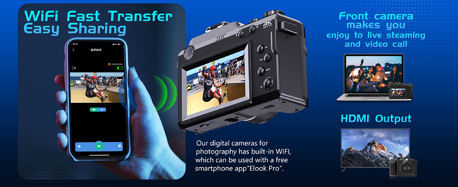 KiTBEEZ💡 64MP WiFi Digital Camera 180° Flip Screen 18X Zoom Selfile ...