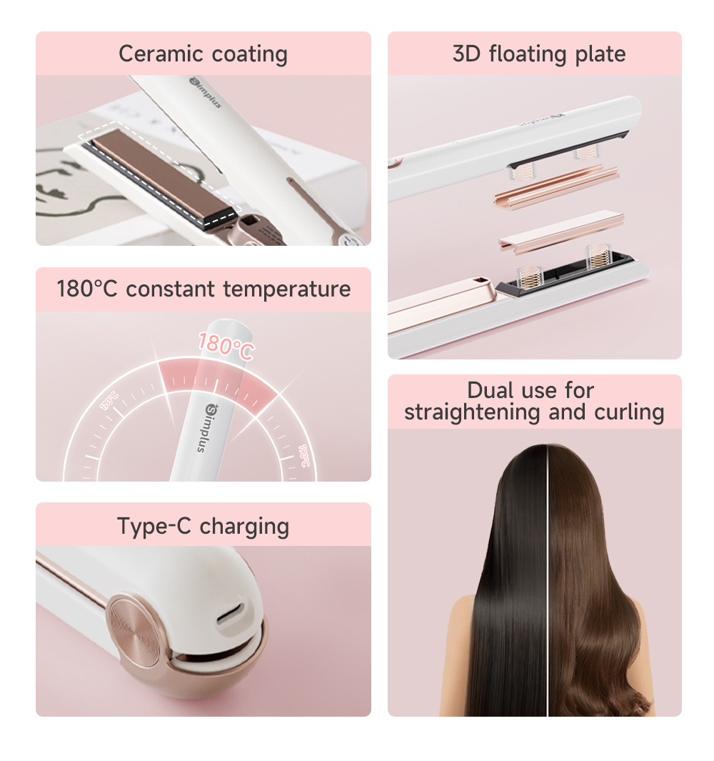 Simplus Pinkd Hair Straightener丨Cordless Portability丨3D Float Plate丨 ...