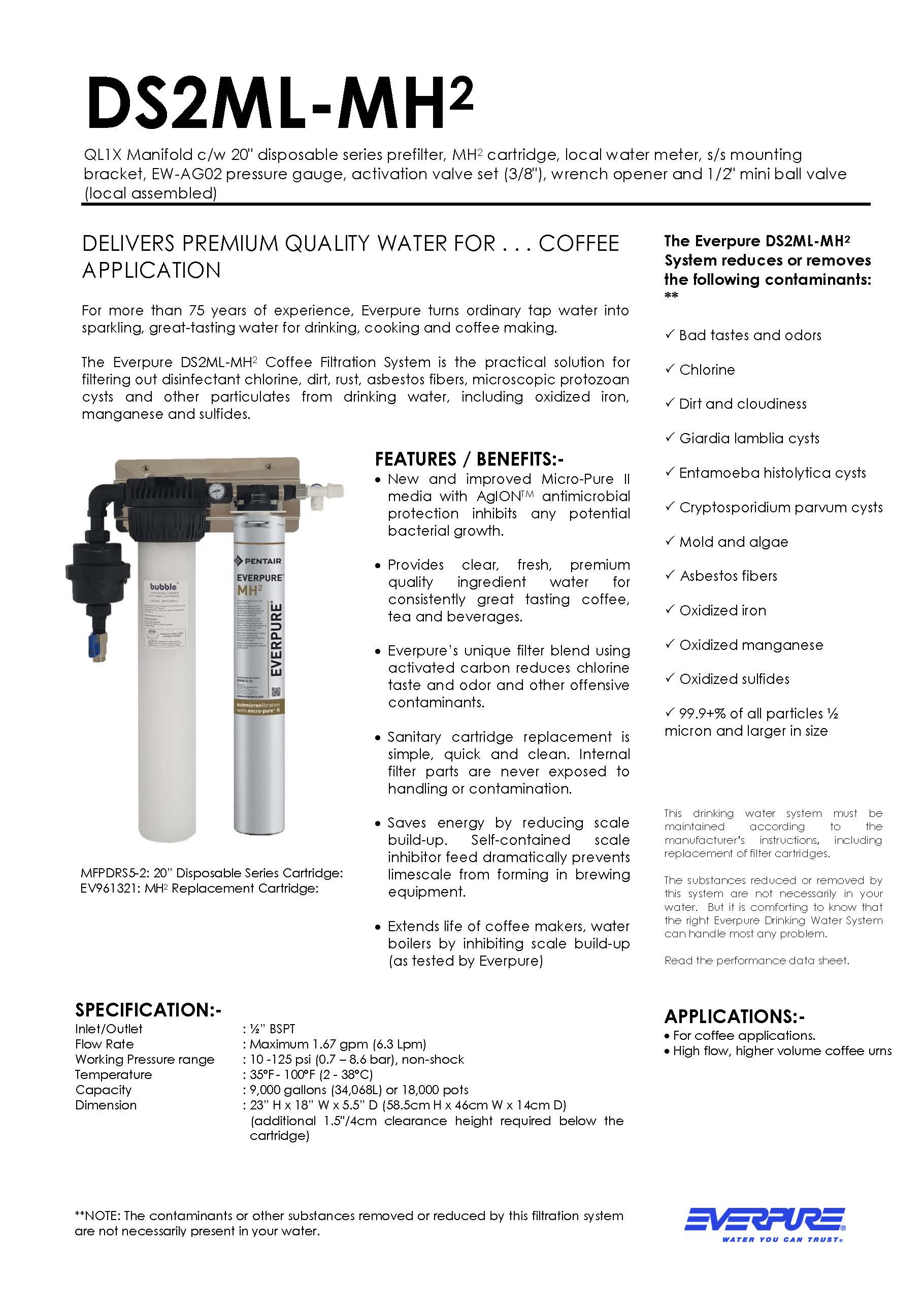 PENTAIR EVERPURE DS2ML-MH2 QL1X Manifold MH2 Cartridge Water Filter ...