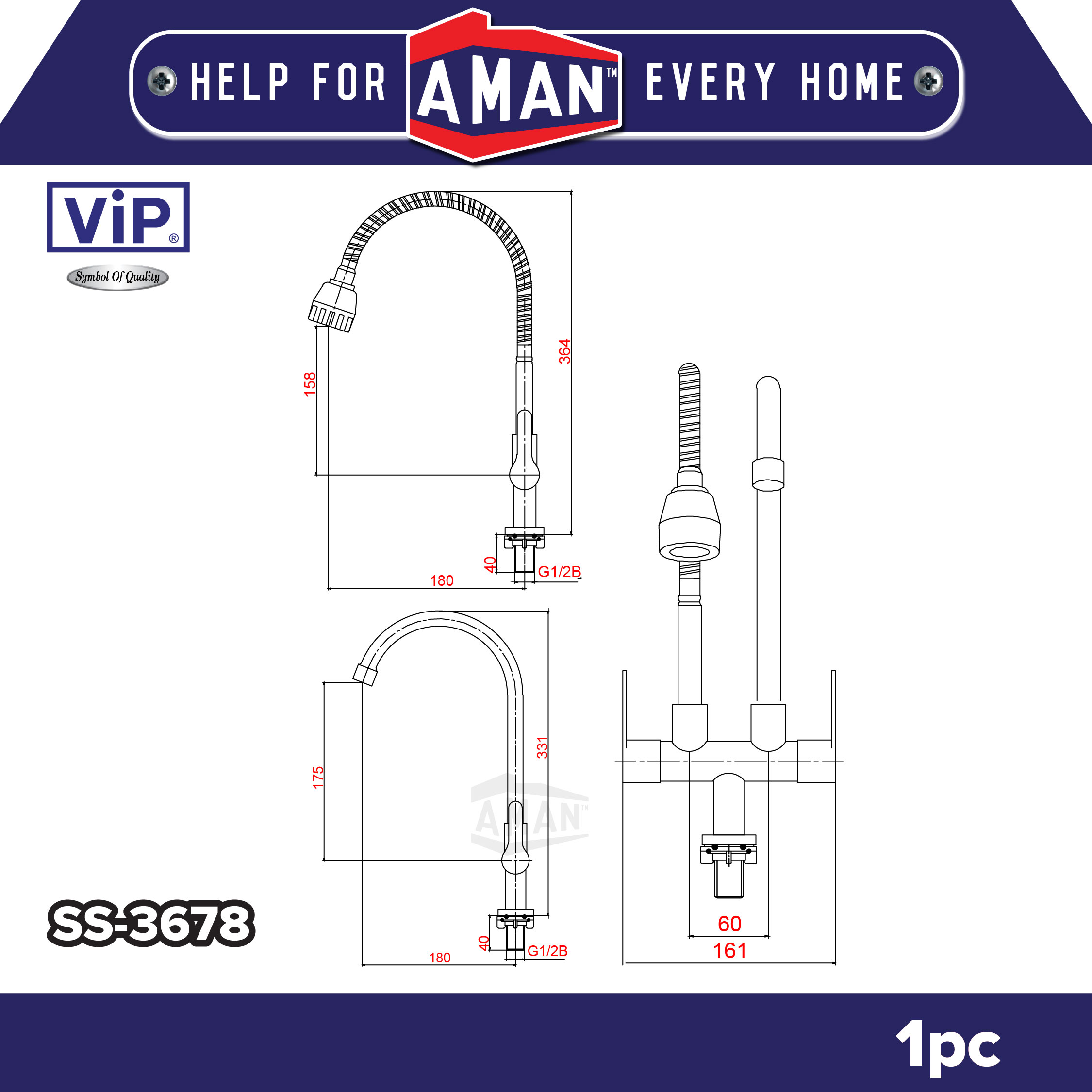 VIP SUS-304 Stainless Steel Fixed & Flexible Double Pillar Sink Tap ...