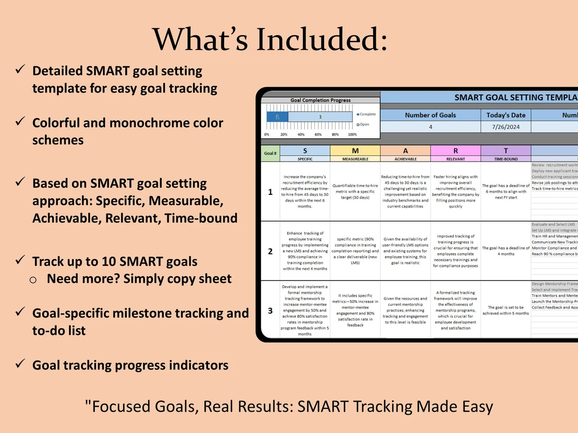 SMART Goal Objectives Tracker Excel digital planner, HR small business ...