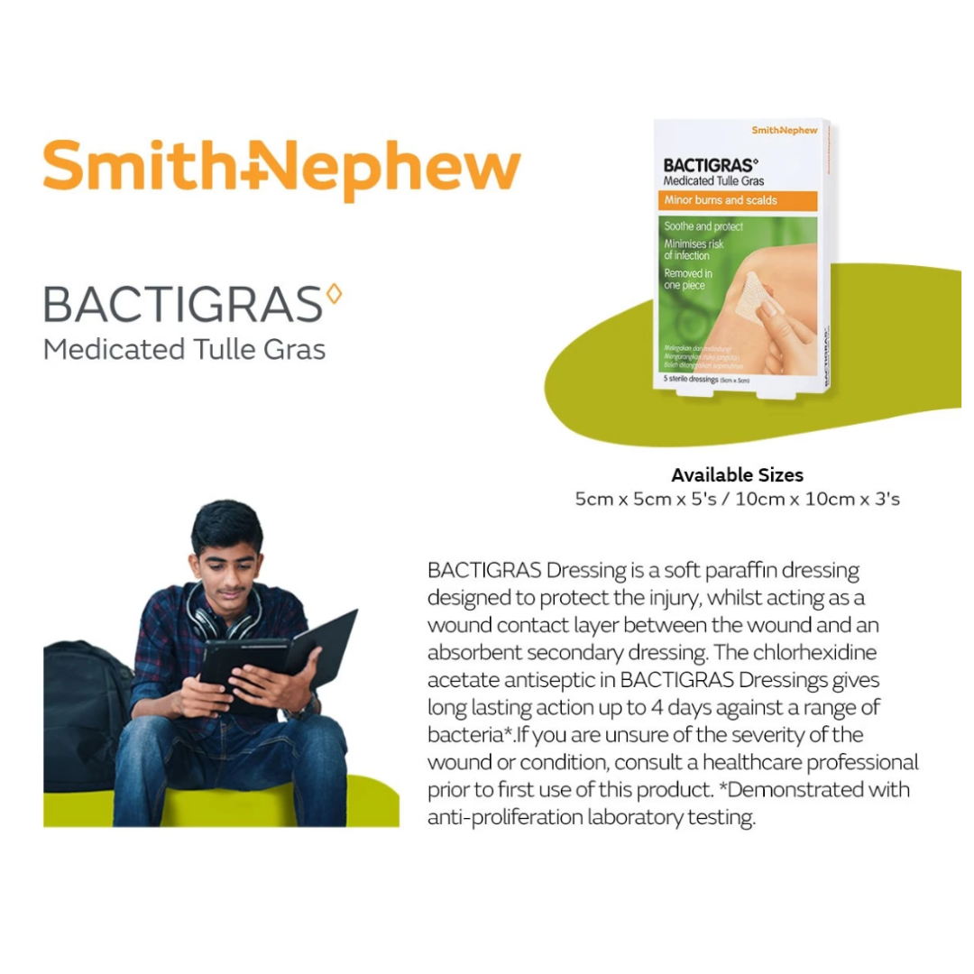 Smith+Nephew Bactigras Medicated Tulle Gras Dressing (10cm x 10cm x 3's ...