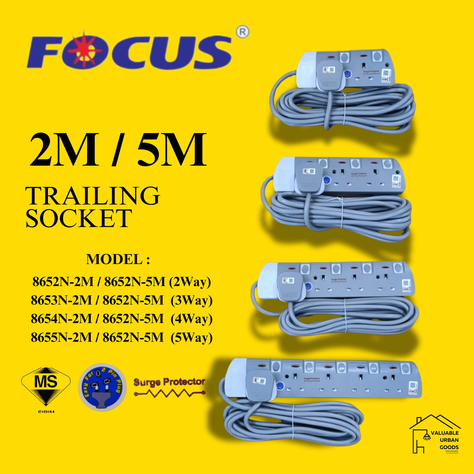FOCUS 2M/5M Trailing Socket with SIRIM 13A Plug Extension | Surge ...