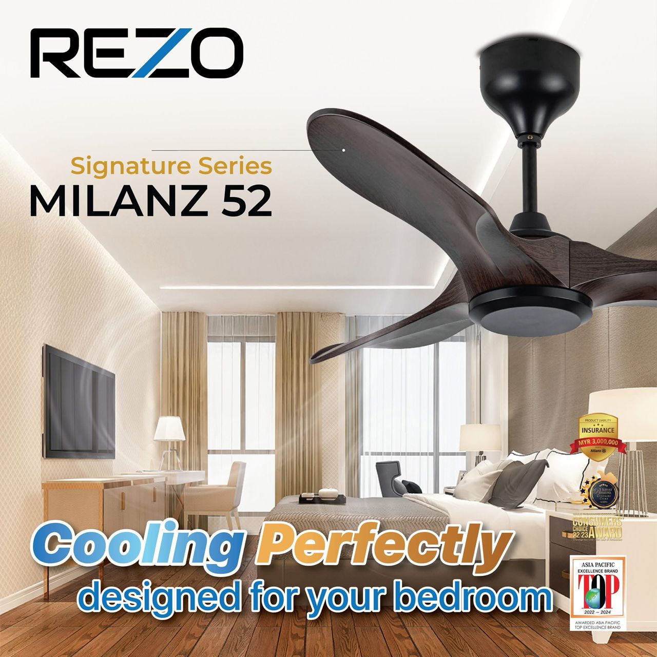 🔥FREE SHIPPING🔥 REZO Milanz Ceiling Fan 52" 42" DC Motor 3 Blade With ...