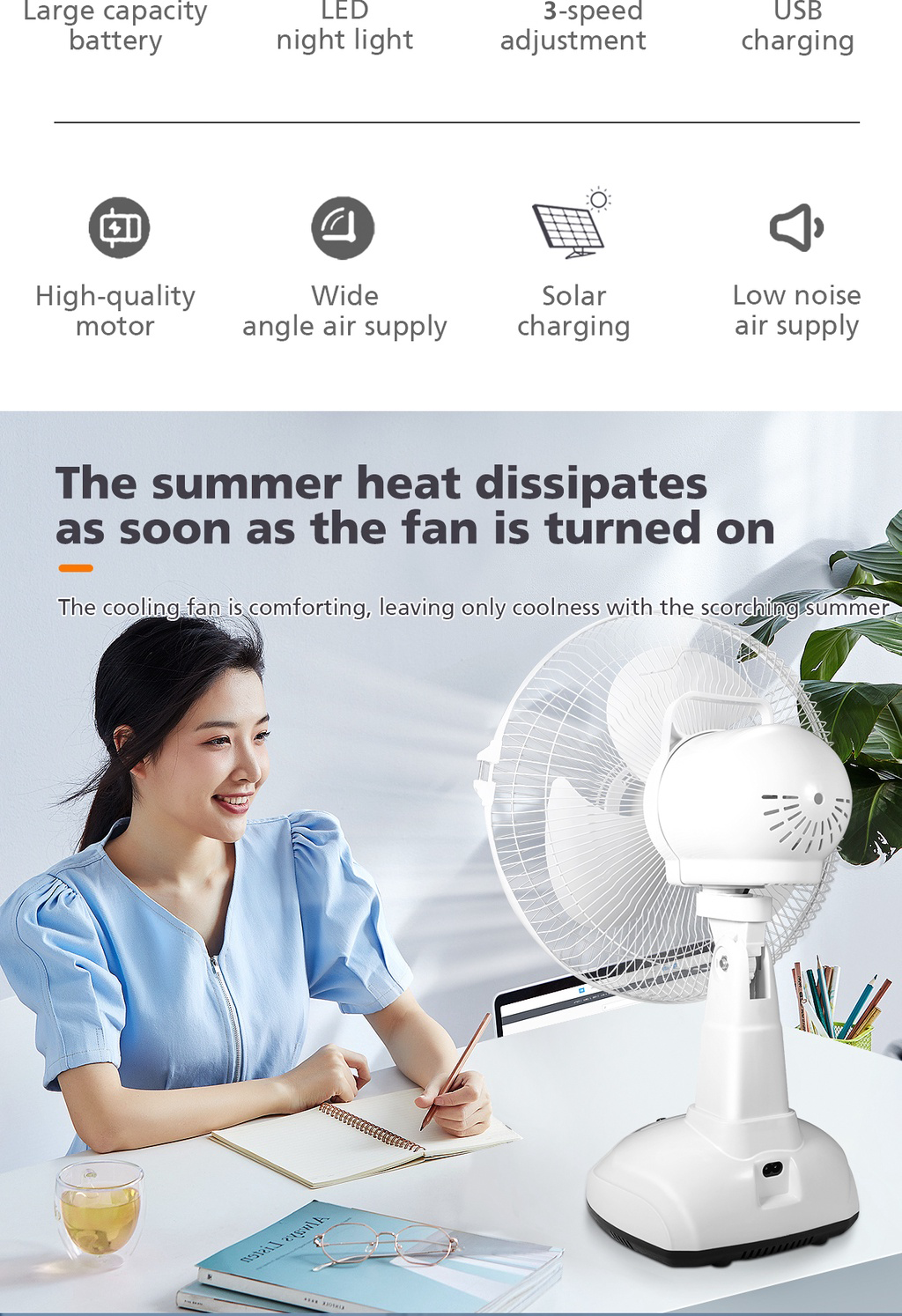 Kipas Solar 18" Fan DC Outdoors Touch Screen Portable Large Wind Table ...