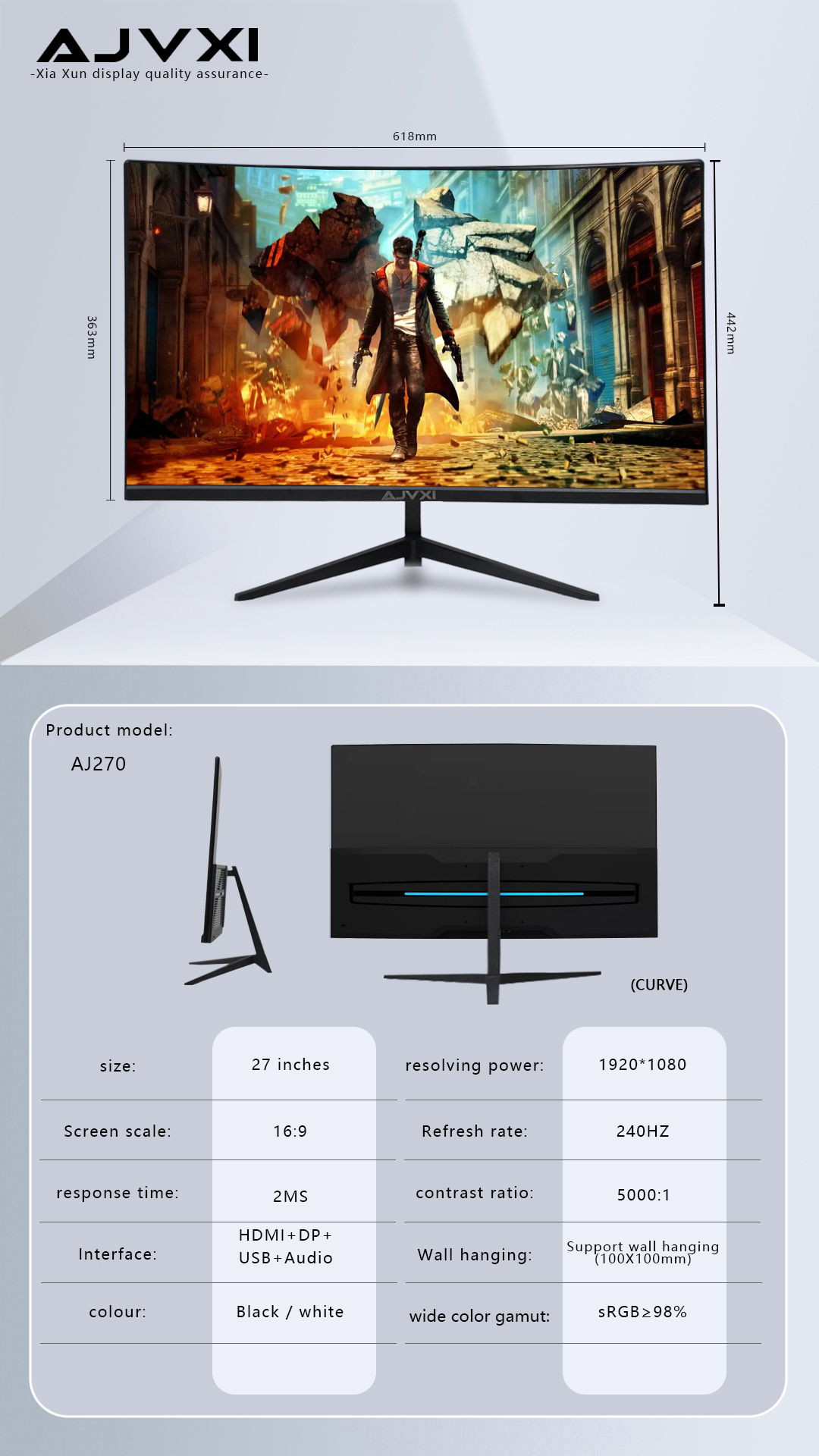 AJVXI Monitor PC 27 Inch With Speaker 240HZ 1080P LED IPS Curved ...