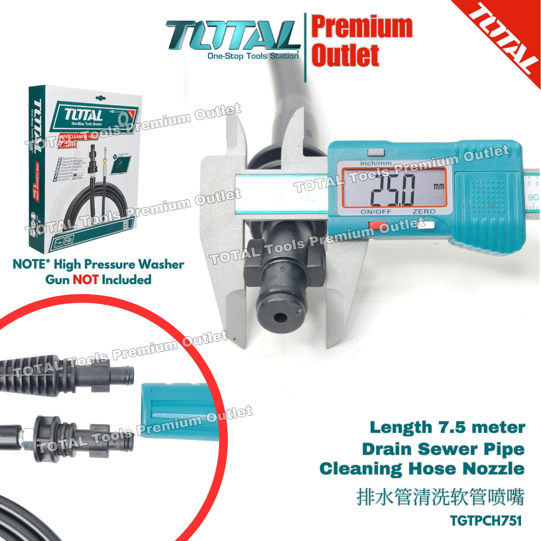 TOTAL Tools 7.5M Drain Sewer Pipe Cleaning Hose Nozzle for TOTAL Tools ...