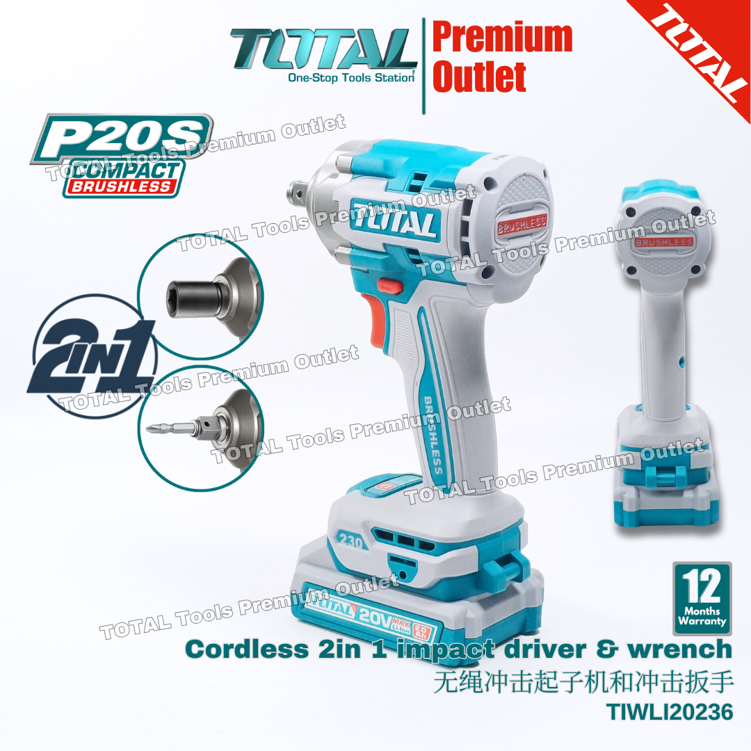 TOTAL Tools 2 in 1 Cordless compact ½" impact wrench & Hex shank driver ...