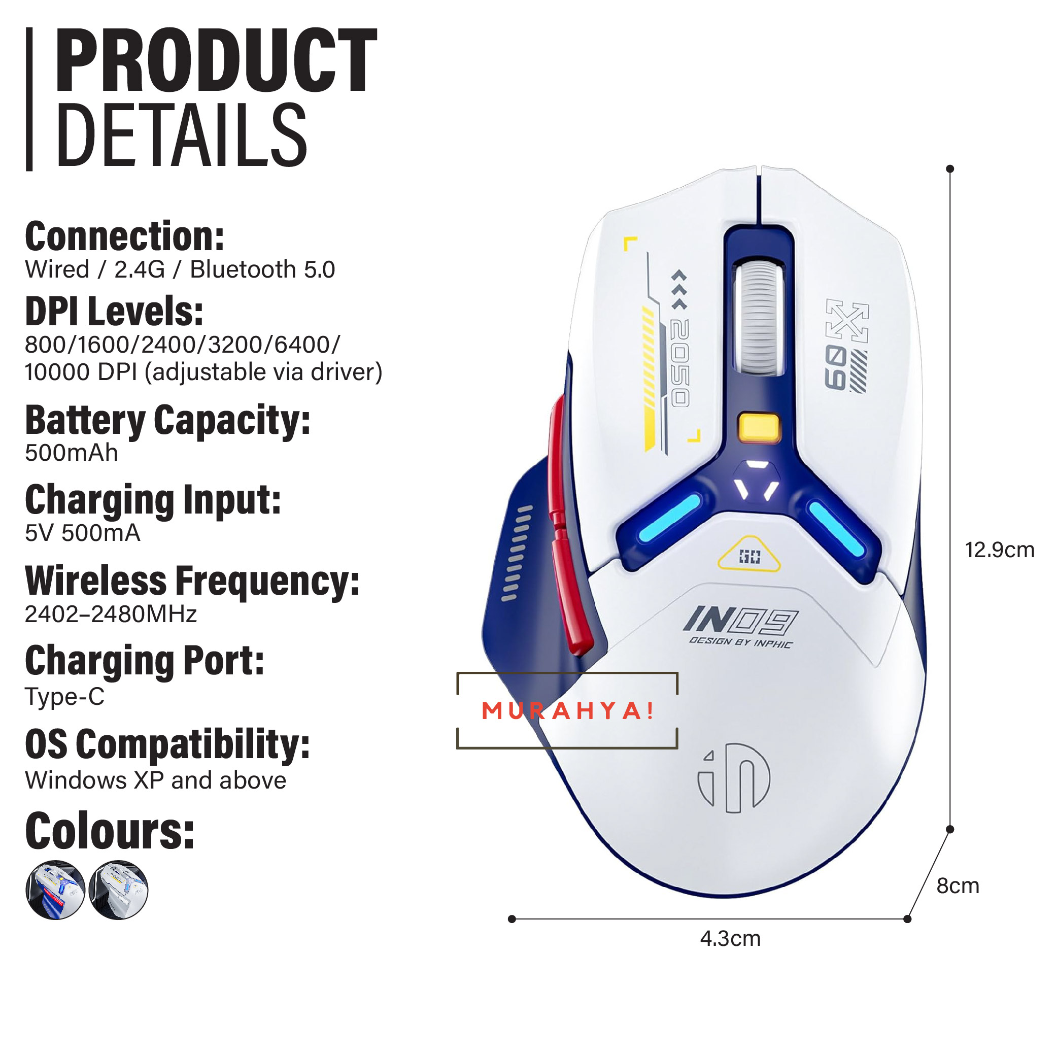 Mouse Inphic Wireless IN9 Tri-Mode Rechargeable RGB Gaming Mice ...
