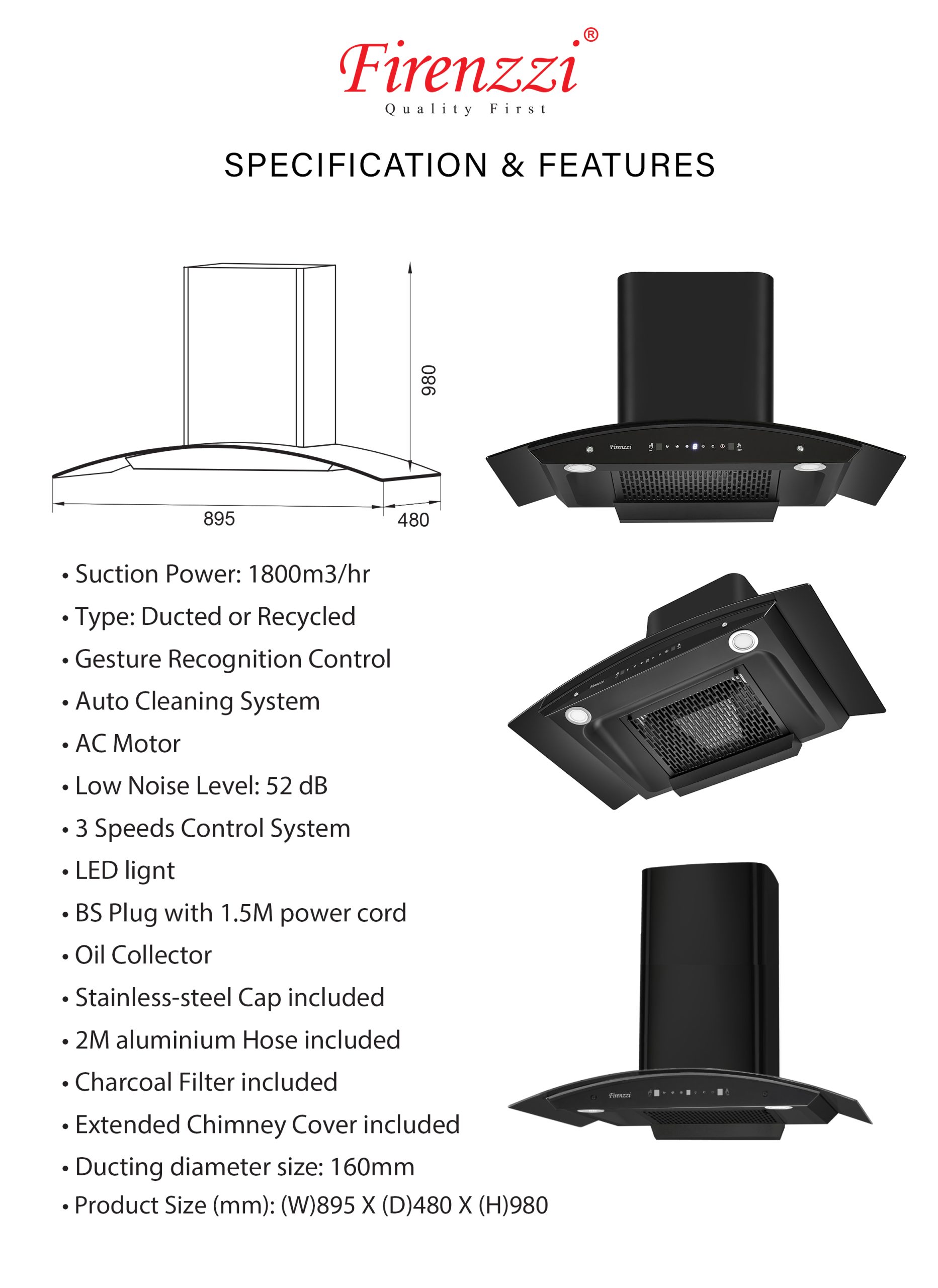 Firenzzi FCH-9018 XP Cooker Designer Hood Gesture Recognition Control ...