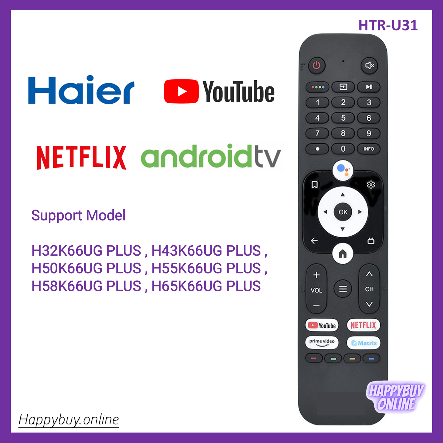 Compatible Haier UHD Android Google TV Remote Control HTR-U31 Smart ...