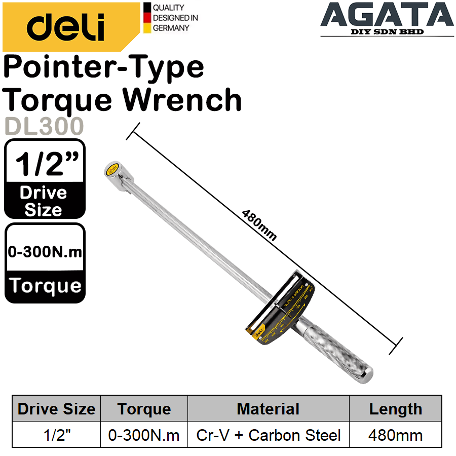 Deli Pointer Type Torque Wrench DL300 – 1/2” Drive | 0–300Nm | CRV ...