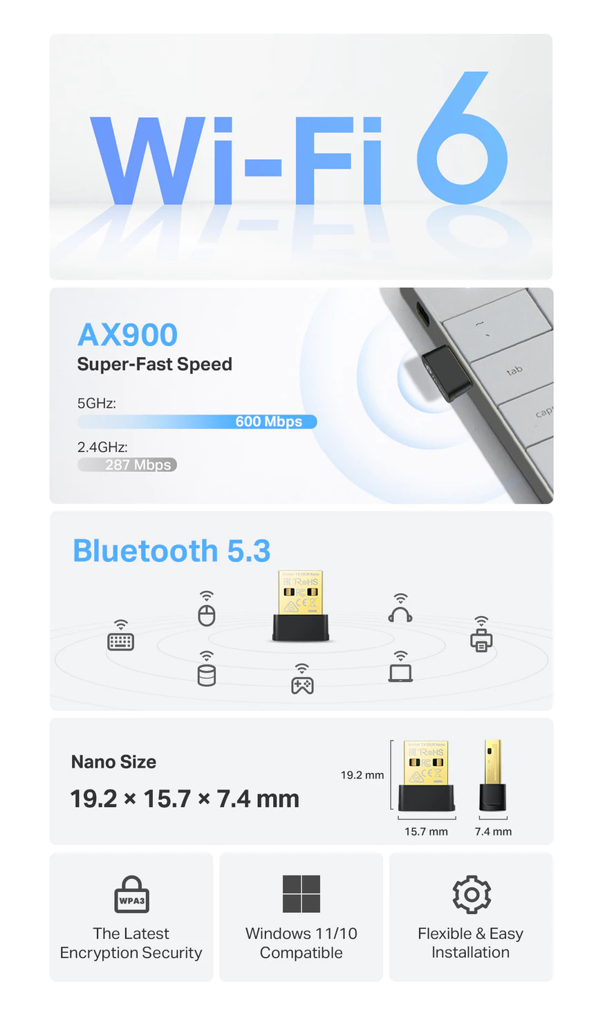 TP-Link Archer TX10UB Nano AX900 WiFi 6 MU MIMO Wireless Bluetooth 5.3 ...