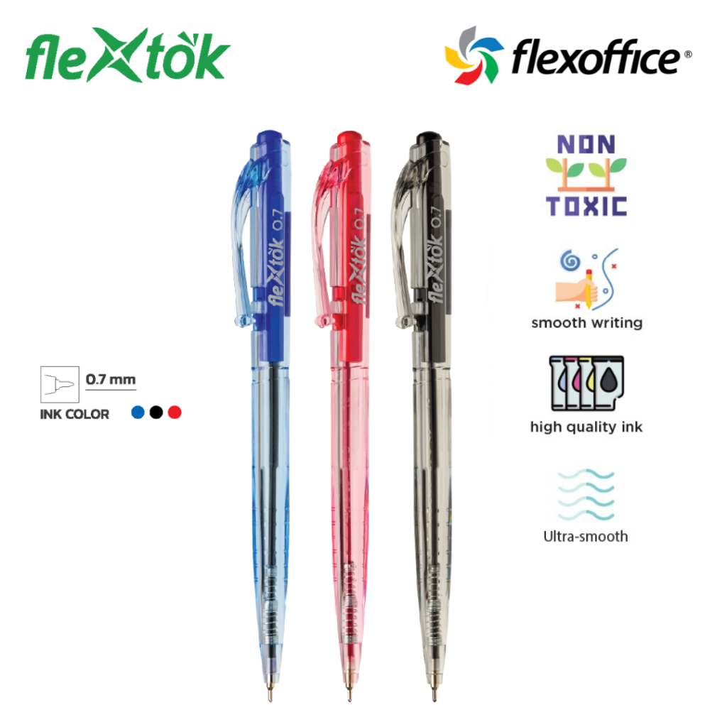 FlexOffice FlexTok (0.7mm) Ball Pen Retractable Pen – Black/Blue/Red ...